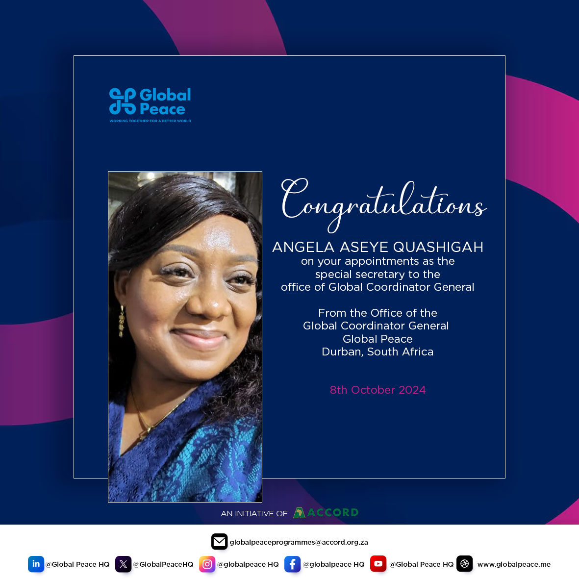 GLOBAL PEACE APPOINTS ANGELA ASEYE QUASHIGAH AS SPECIAL SECRETARY TO ...